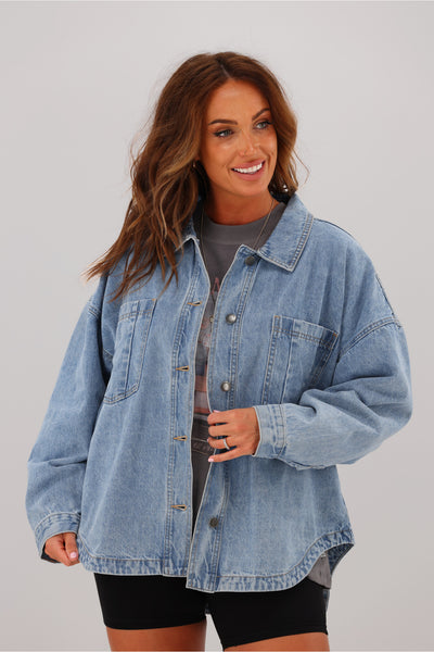 All About Eve Dale Shacket Light Blue | Shine On NZ