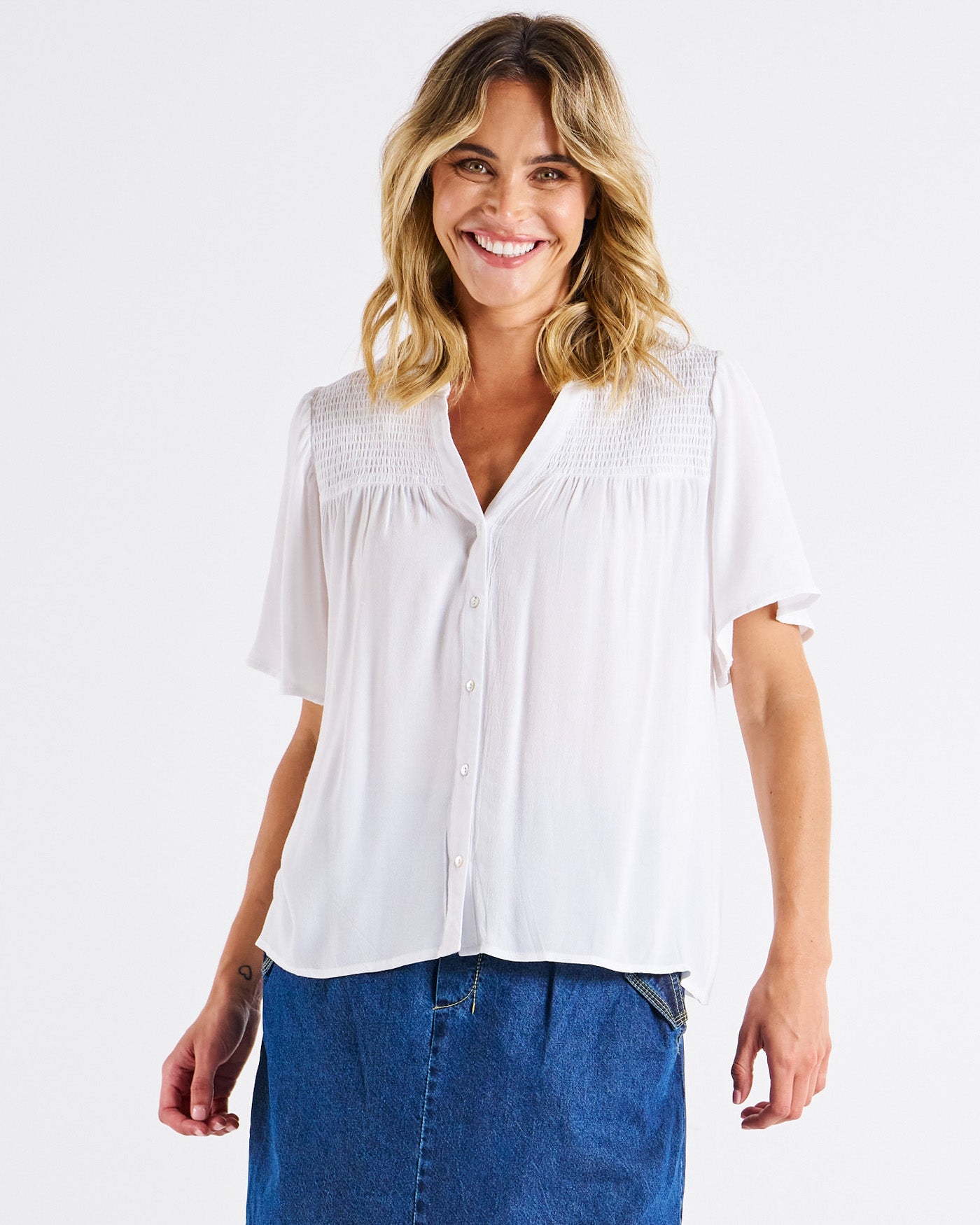 Betty Basics Sandy Shirred Blouse White | Shine On NZ