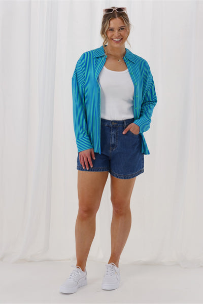 Gloss The Label Eira Shirt Blue And Green Stripe | Shine On NZ