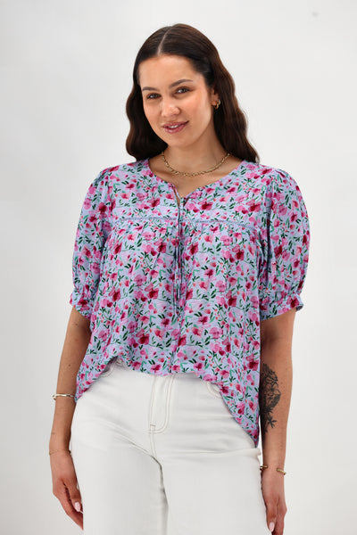 Gloss The Label Heidi Puff Sleeve Blouse Blue Watercolour Print | Shine ...