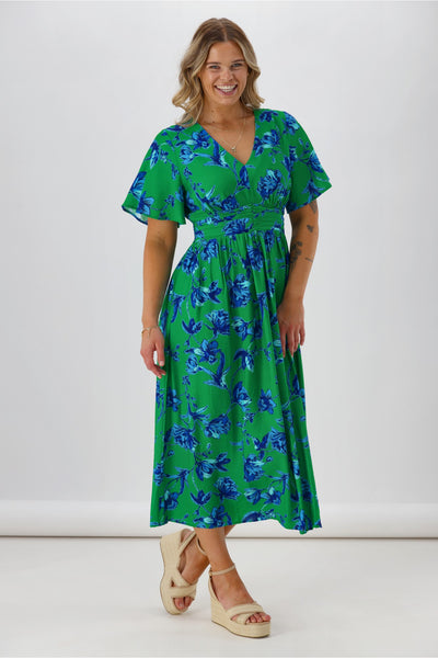 Gloss The Label Rohan Flutter Sleeve Dress Green Floral | Shine On NZ