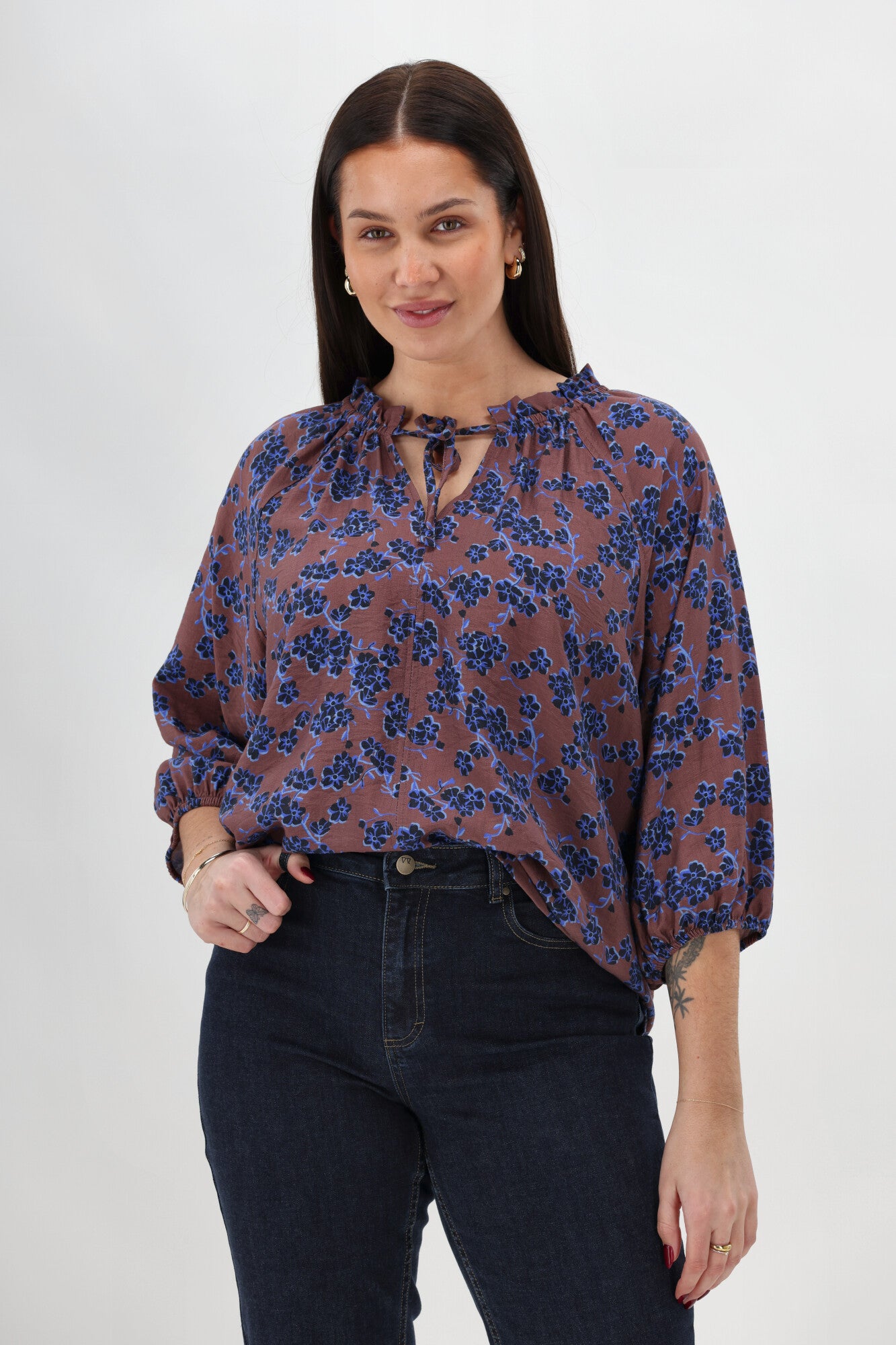 Gloss The Label Tihana Frill Neck Blouse Chocolate Floral | Shine On NZ