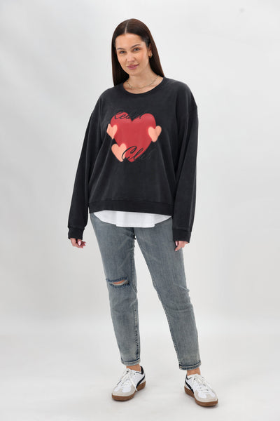 Rebel Club Double Heart Crew Washed Black | Shine On NZ