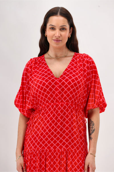 Shine On Label Anna Maxi Tier Dress Red Pink Check | Shine On NZ