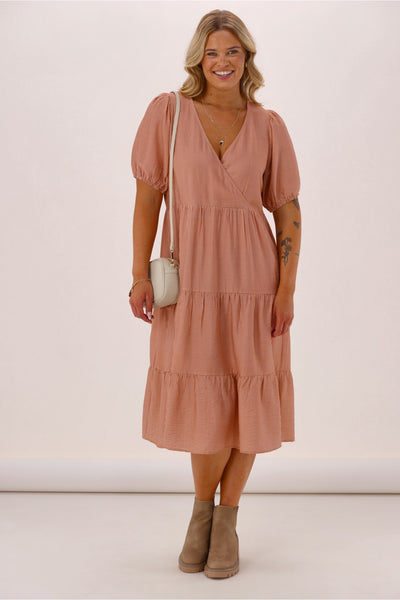 Shine On Label Bellezza V Neck Midi Dress Rust | Shine On NZ