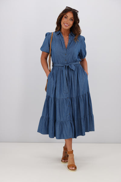 Shine On Label Evette Chambray Tiered Dress Blue | Shine On NZ
