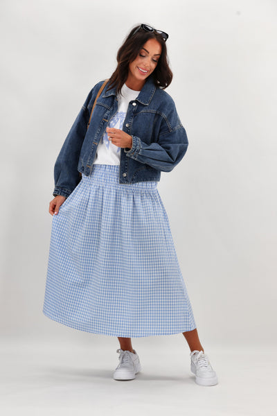 Shine On Label Haylene Shirred Waist Skirt Blue Gingham | Shine On NZ