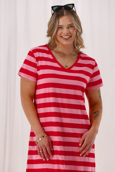 Shine On Label Seaside Dress Pink Red Stripe | Shine On NZ