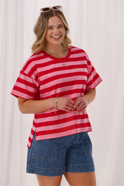 Shine On Label Seaside Tee Pink Red Stripe | Shine On NZ