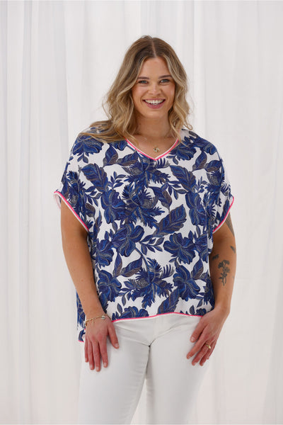 Sunday Boho Linda Tropic Print Relaxed Top Blue | Shine On NZ